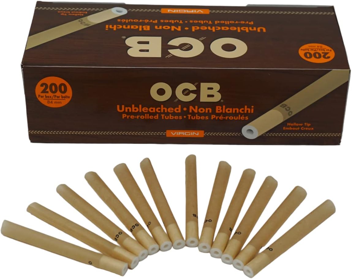 OCB Virgin/ Unbleached Pre-rolled Paper Tubes | Hollow Tip | 200 Pack